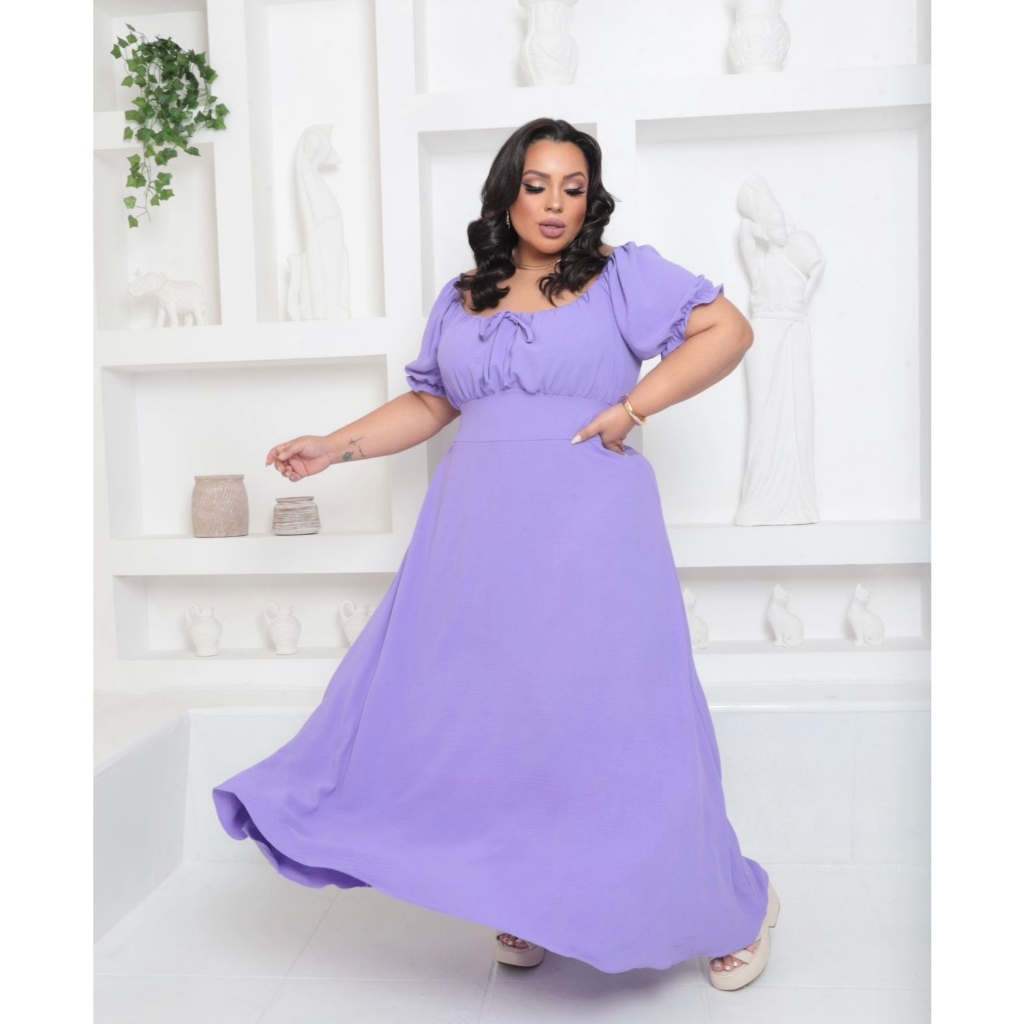 Vestido Longo Sofia Plus Size Com Detalhes Na Manga E Elastico Nas Costas | Shopee Brasil