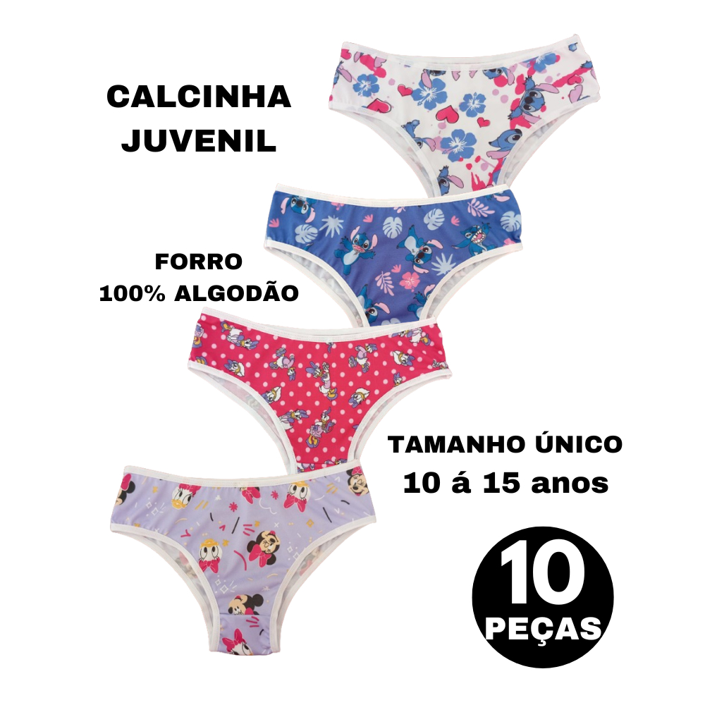 Kit 10 Calcinhas Infantil e Juvenil Para Meninas de 10 a 15 anos Forro ...