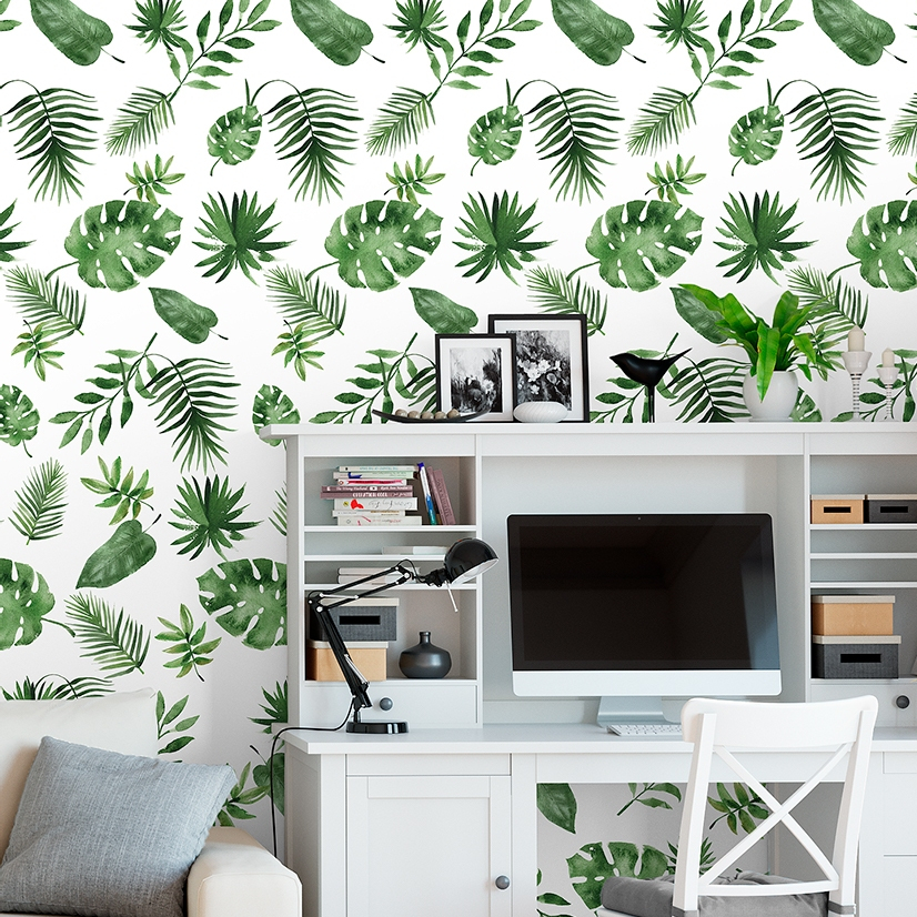 Papel de Parede Adesivo Folhagens Folhas Verdes Lavável Autocolante ...