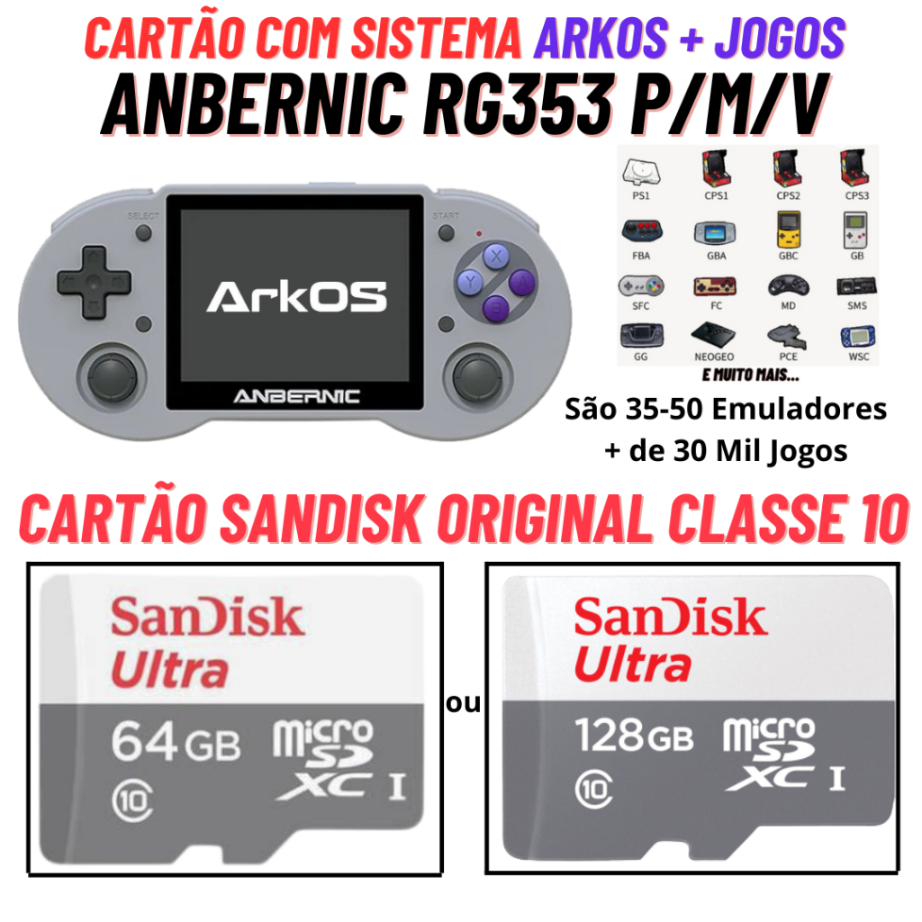 Cartão para Anbernic RG353P/M e RG353V com Sistema Arkos + 30mil Jogos ...