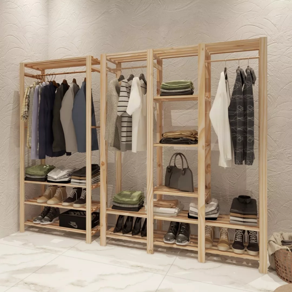 Combo Estante Multifuncional em Pinus com Arara para Roupas e Sapatos ...