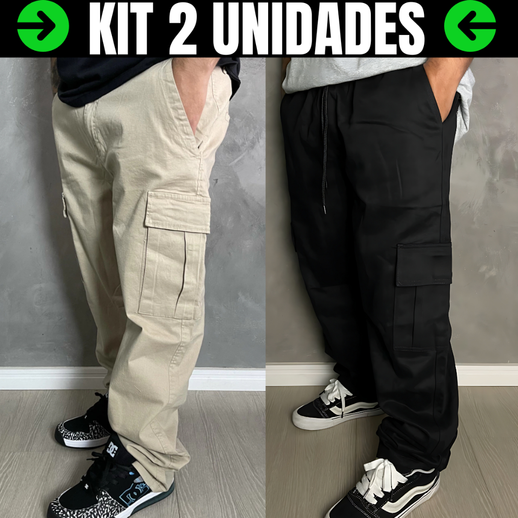Kit 2 Calça Cargo Tactel Larga Masculina Skate 5 Bolsos Fechamento