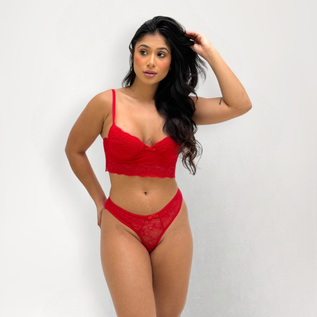 Conjunto Lingerie Calcinha e Sutiã com bojo Rendado Bojo Bolha Cropped Lingerie Conjunto Renata ...