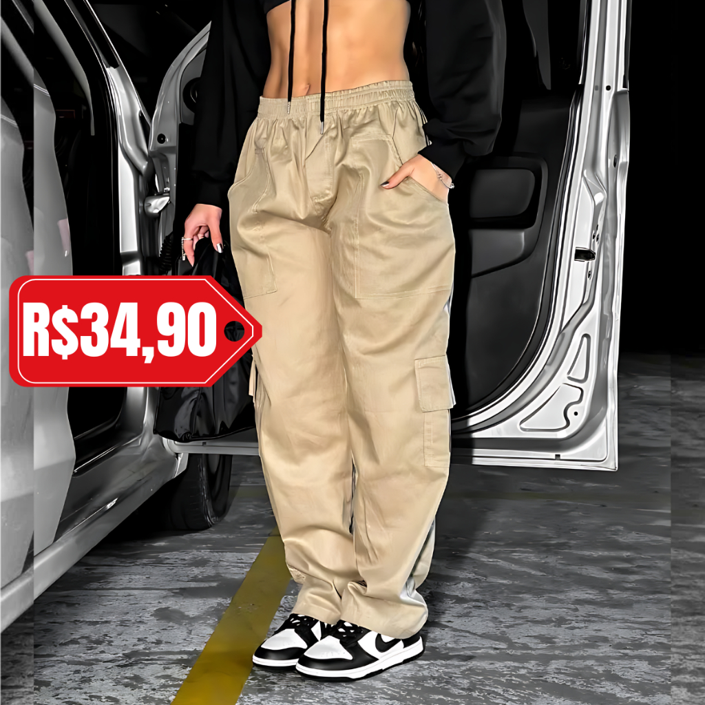 Calça Cargo Feminina Tactel Skate Larga Cordão Varias Cores | Shopee Brasil