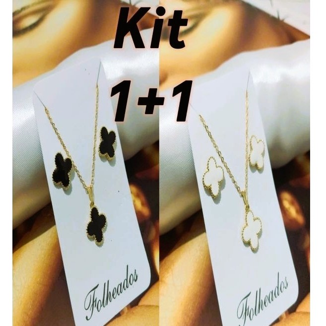 Kit 2 Conjuntos Trevo resinados Colar e Brinco a Prata925 e Ouro 18k ...