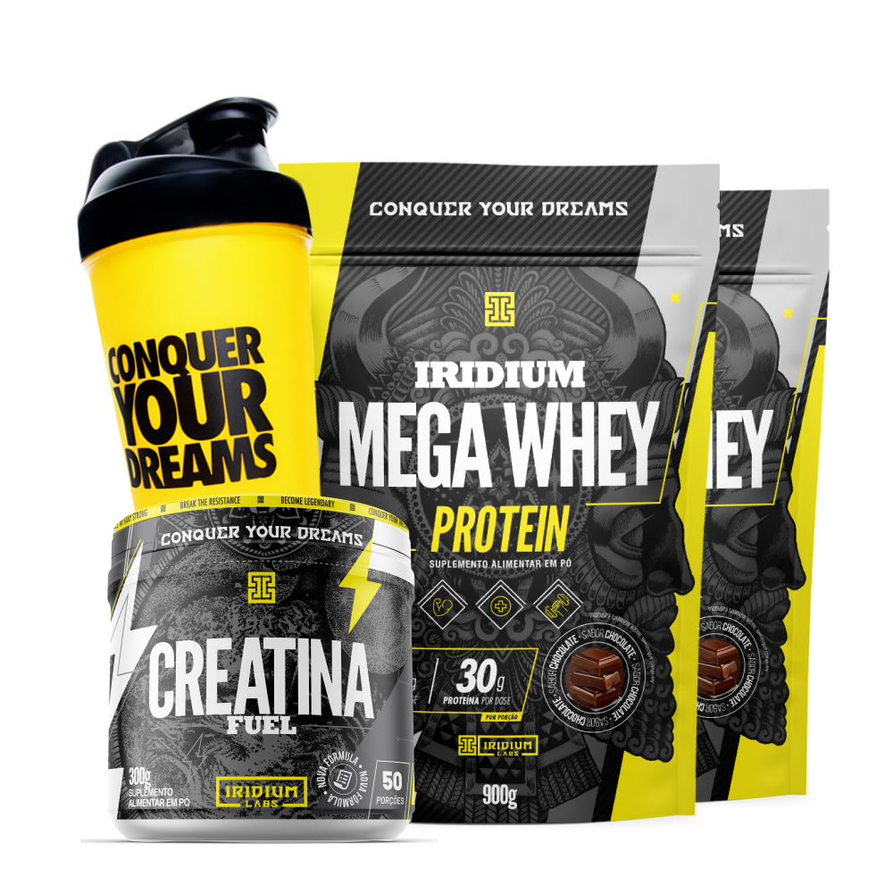 Kit 2x Whey Protein Mega + Creatina Fuel 300g + Coqueteleira - Iridium ...