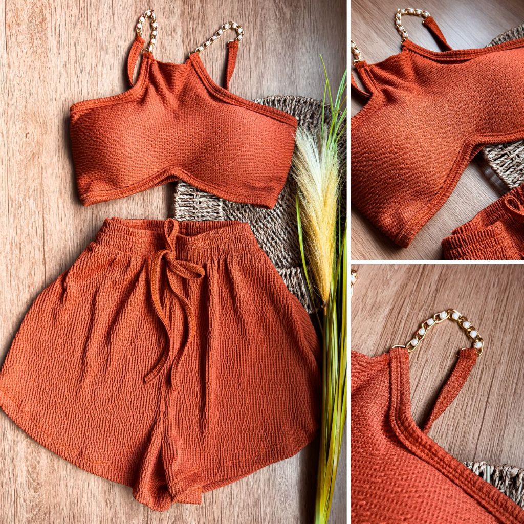 CONJUNTO FEMININO GODÊ COM ELASTANO VERÃO CROPPED E SHORTS TOQUE MACIO ...