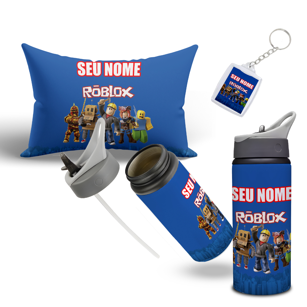 Kit Com Seu Nome Roblox, Garrafa Térmica com Canudo Almofada e Chaveiro ...