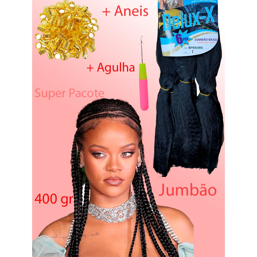 Kit 1 Jumbao + Agulha + 10 aneis Rihanna Cabelo Jumbão Para Tranças Box ...