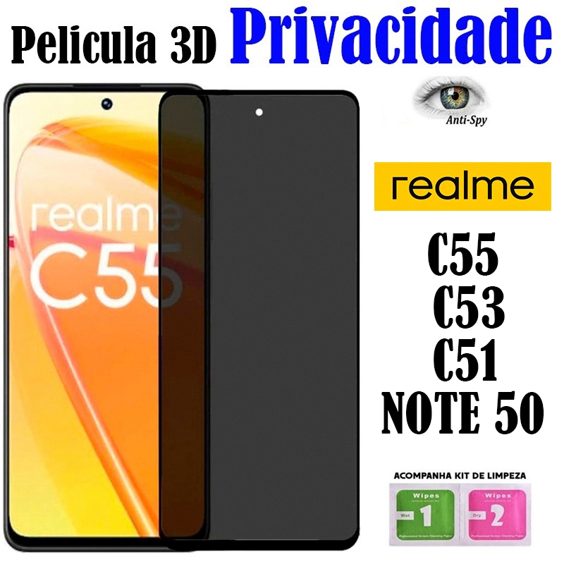 Película Privacidade 3D Anti Spy Realme Note 60/C55/C51/C53/C65/Note 50/C63/C61/C67 Protetor ...