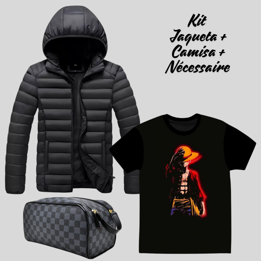 Kit Jaqueta Puffer Bobojaco Corta Vento + Camisa Anime One Piece Luffy ...