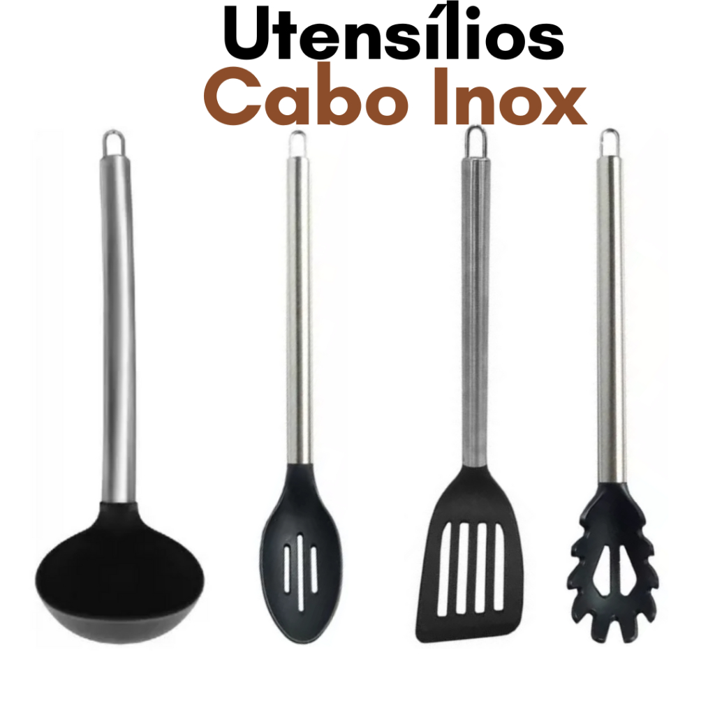 Jogo Kit Utensilios de Cozinha Colher Espátula Pegador Concha em INOX 4 ...