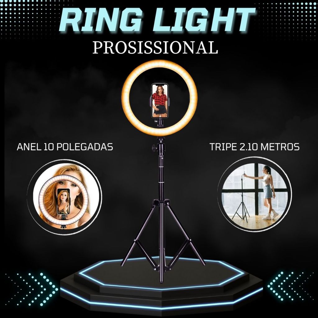 Ring Light Iluminador 10 Polegadas completo 26cm + Tripé 210 Metros | Shopee Brasil