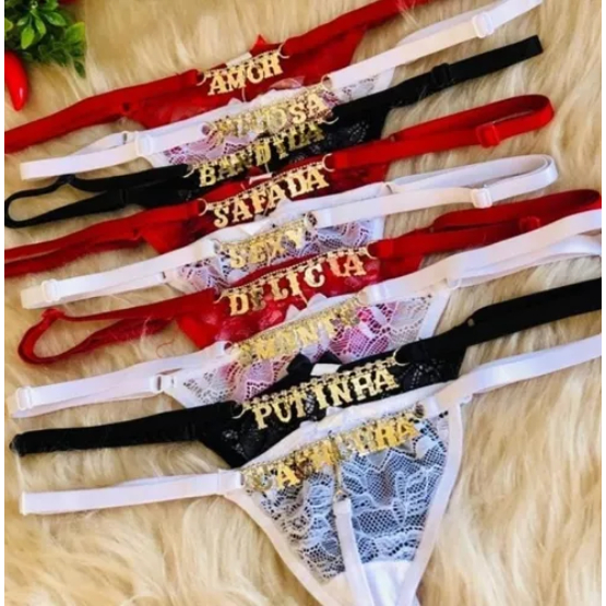 Calcinha Fio Dental Sexy Pingente Frase Palavra Com Regulagem Em Renda