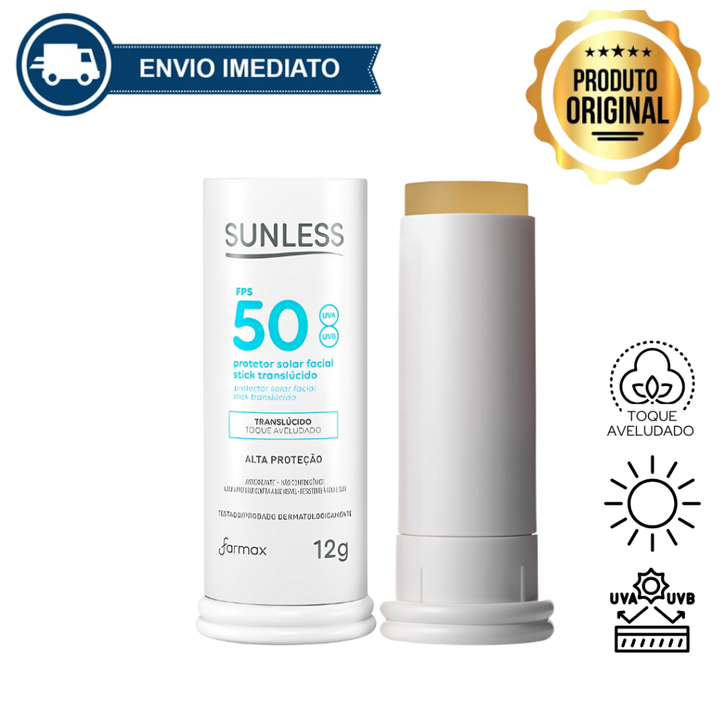 Protetor Solar Facial em Bastão Translúcido 12g FPS 50 Sunless Stick ...