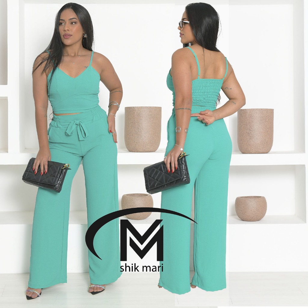 Conjunto feminino | verde duna | calça pantalona e cropped | com bojo ...