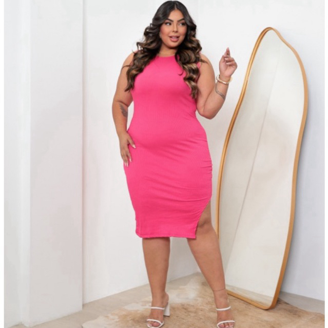 Vestido Plus Size Com Fenda Lateral Sem Manga Canelado Moda Gringa 2024 ...