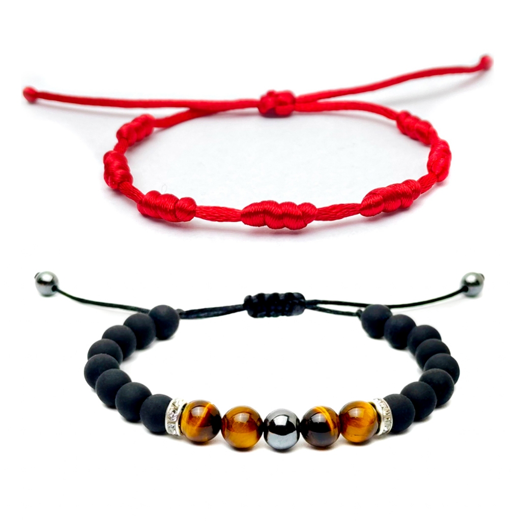 Kit Pulseira 7 Nós Vermelha e Pulseira Preta Fosca Pedra Natural ...