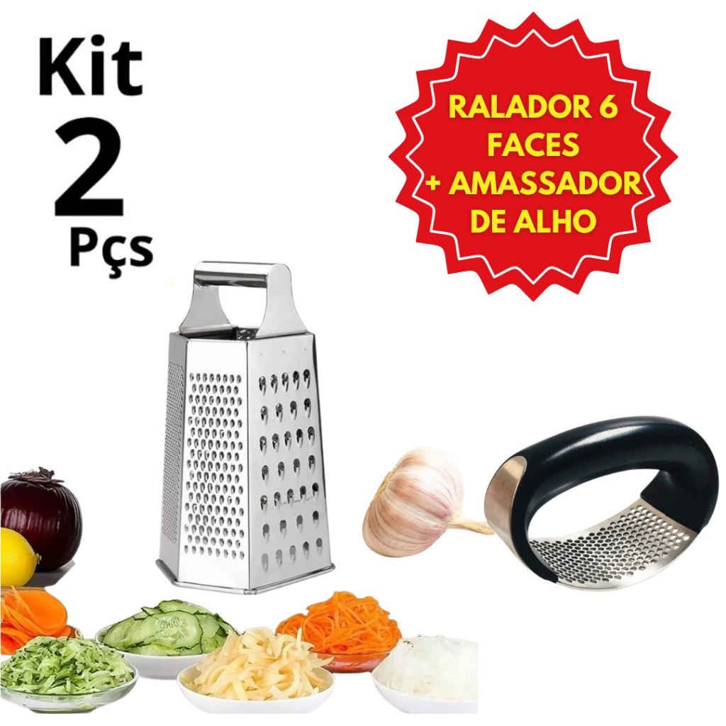 Kit Ralador Manual 6 Faces Multiuso + Amassador de Alho Original Inox ...