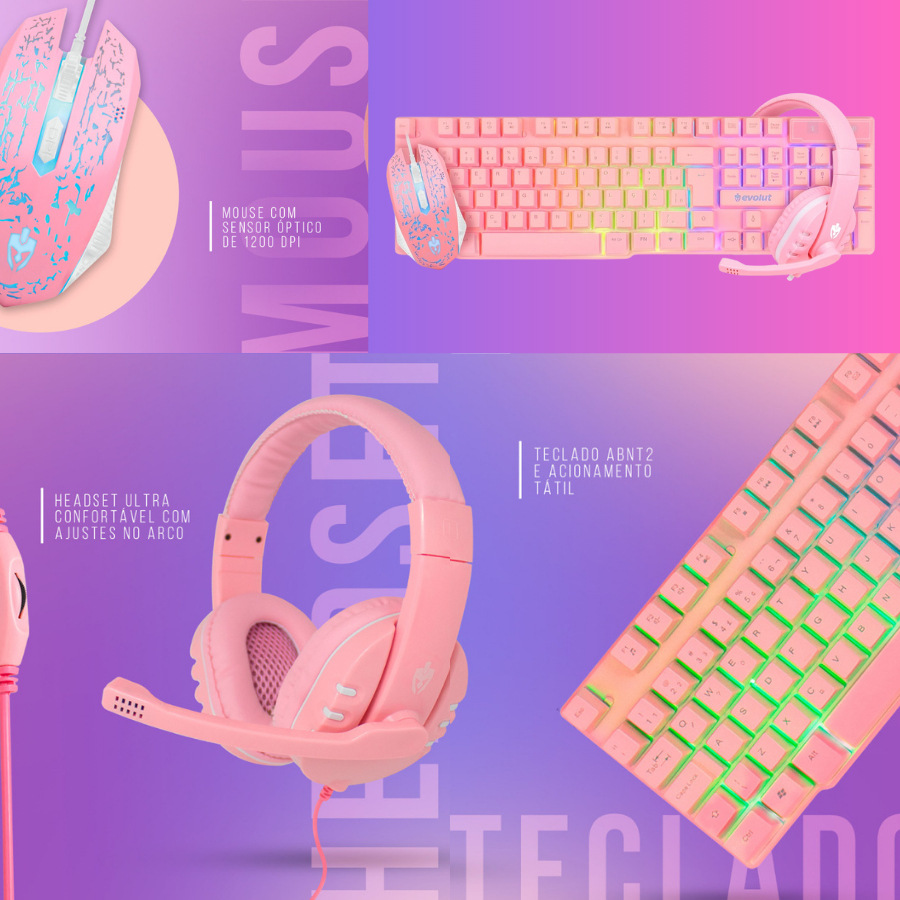 Kit Monitor 19'' Hdmi E Vga + Teclado E Mouse Rosa Gamer Evolut Eg53 ...