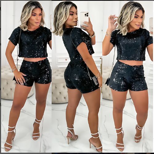 Conjunto Short com Cropped em Paetê Moda Feminina Balada | Shopee Brasil