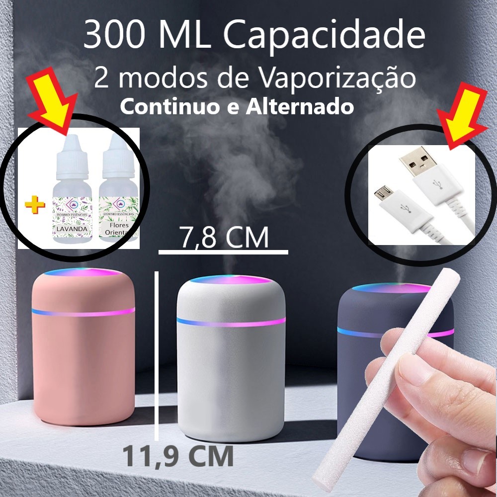 Kit Umidificador de Ar Portátil Neutro RGB + 1ou 2 Essência Concentrada ...