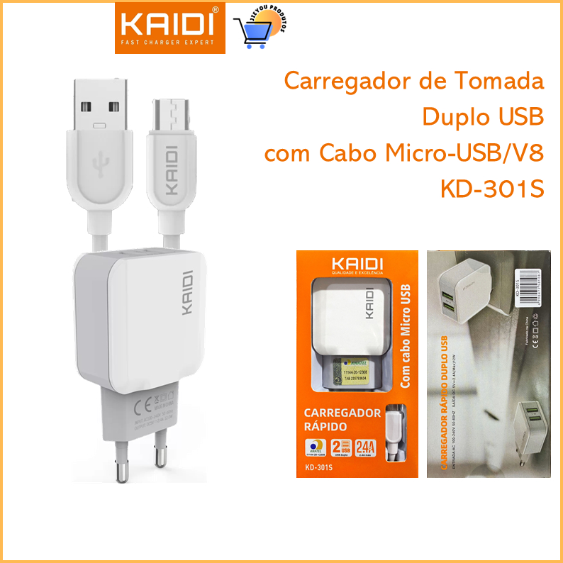 Carregador de Tomada de Duplo USB com cabo de carregamento Micro-USB/ V8 KAIDI KD-301S | Shopee ...