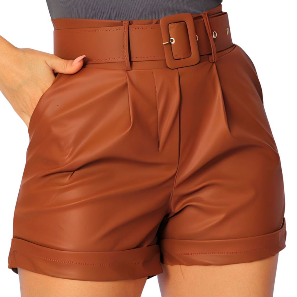 Short Bermuda Curto com Cinto em Couro Sintetico Elegante Cintura Alta ...