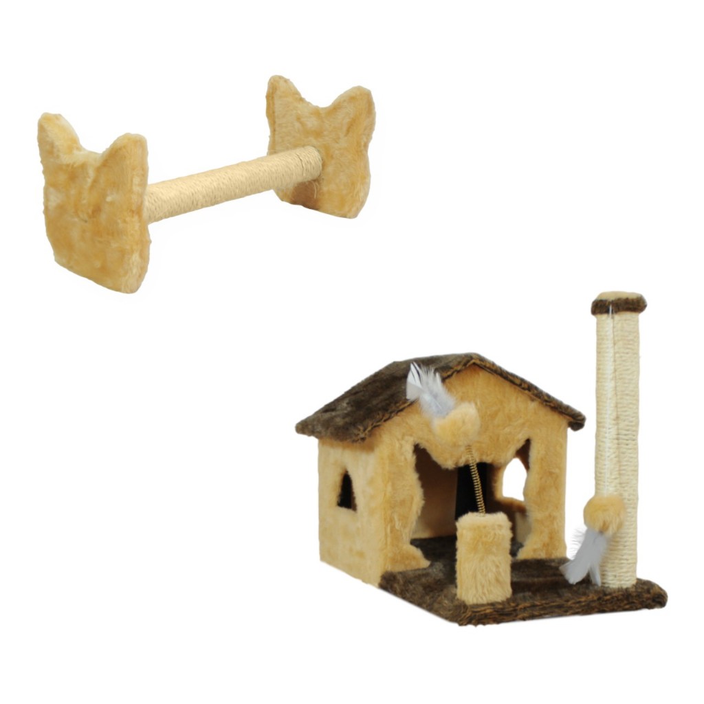 Arranhador Gato KIT Poste com BASES de GATO + Casinha com 2 Brinquedos ...