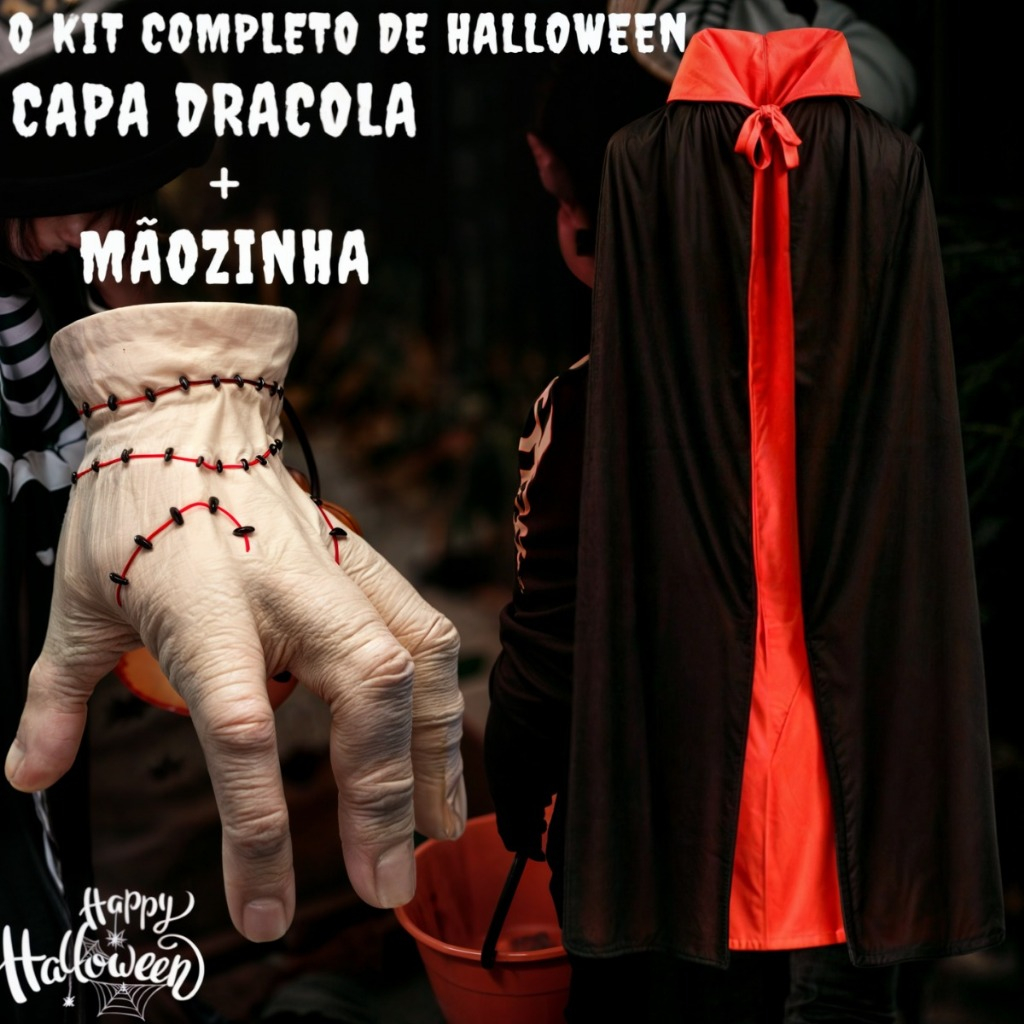Fantasia Capa Bruxa Vampiro Com Mãozinha Kit Halloween Dupla Face ...
