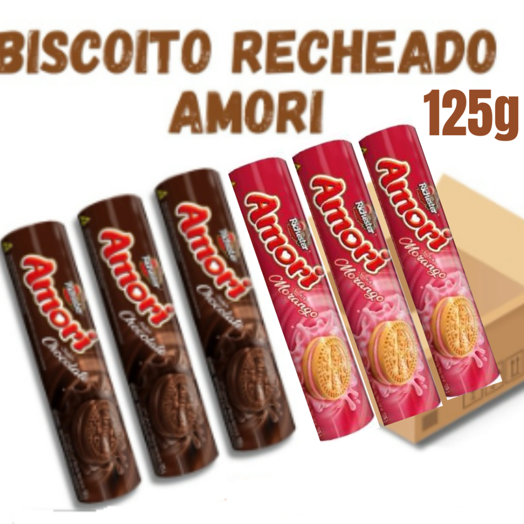 Recheado Amori Richester 125g kit com 10 unidades Morango ou Chocolate ...