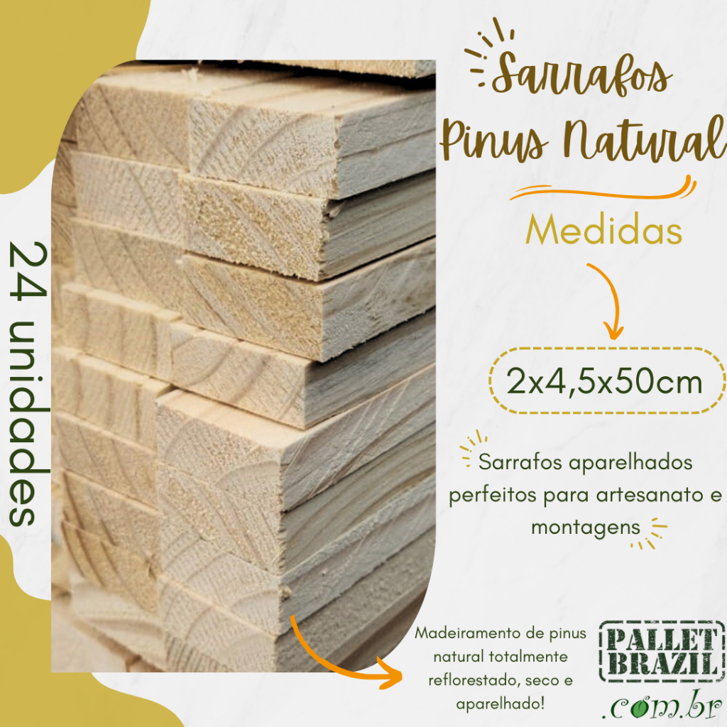 Fardo 24 Sarrafos de Madeira Pinus 2x4,5x50cm Ripa P/ Artesanato Seca e ...