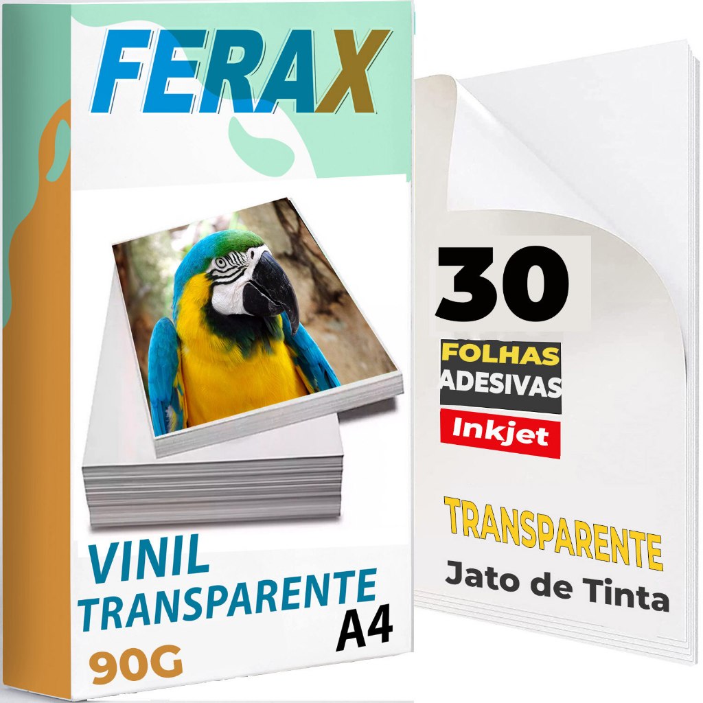 Ferax 30 Folhas Adesivo Vinil Transparente 100% A4 Impressora Jato de ...
