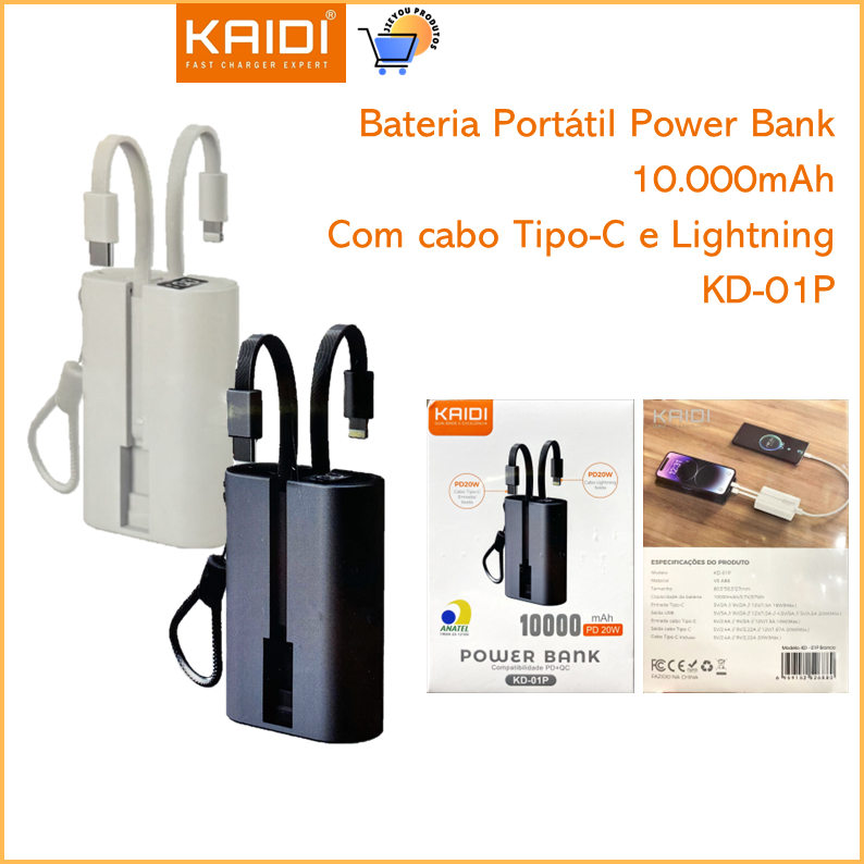 Bateria Portátil Power Bank 10.000mAh cabo embutido KAIDI KD-01P | Shopee Brasil