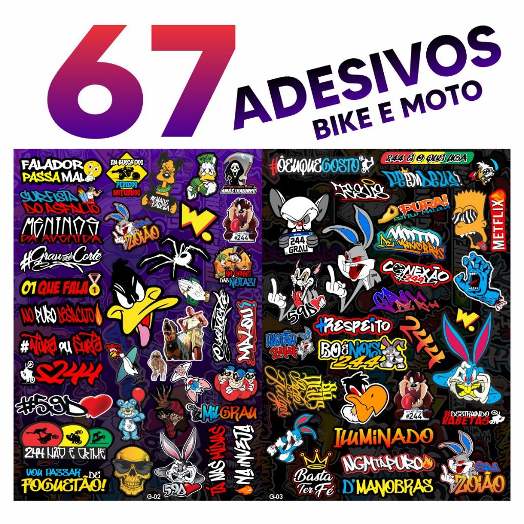 Cartela de adesivos 67 unidades - para Bike Carro Moto Capacete impreshow KC14 | Shopee Brasil