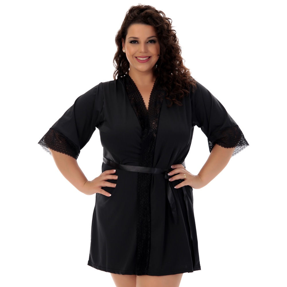 Robe Roupão Plus Size Microfibra e Renda Moda Feminina Noite Lua de Mel ...