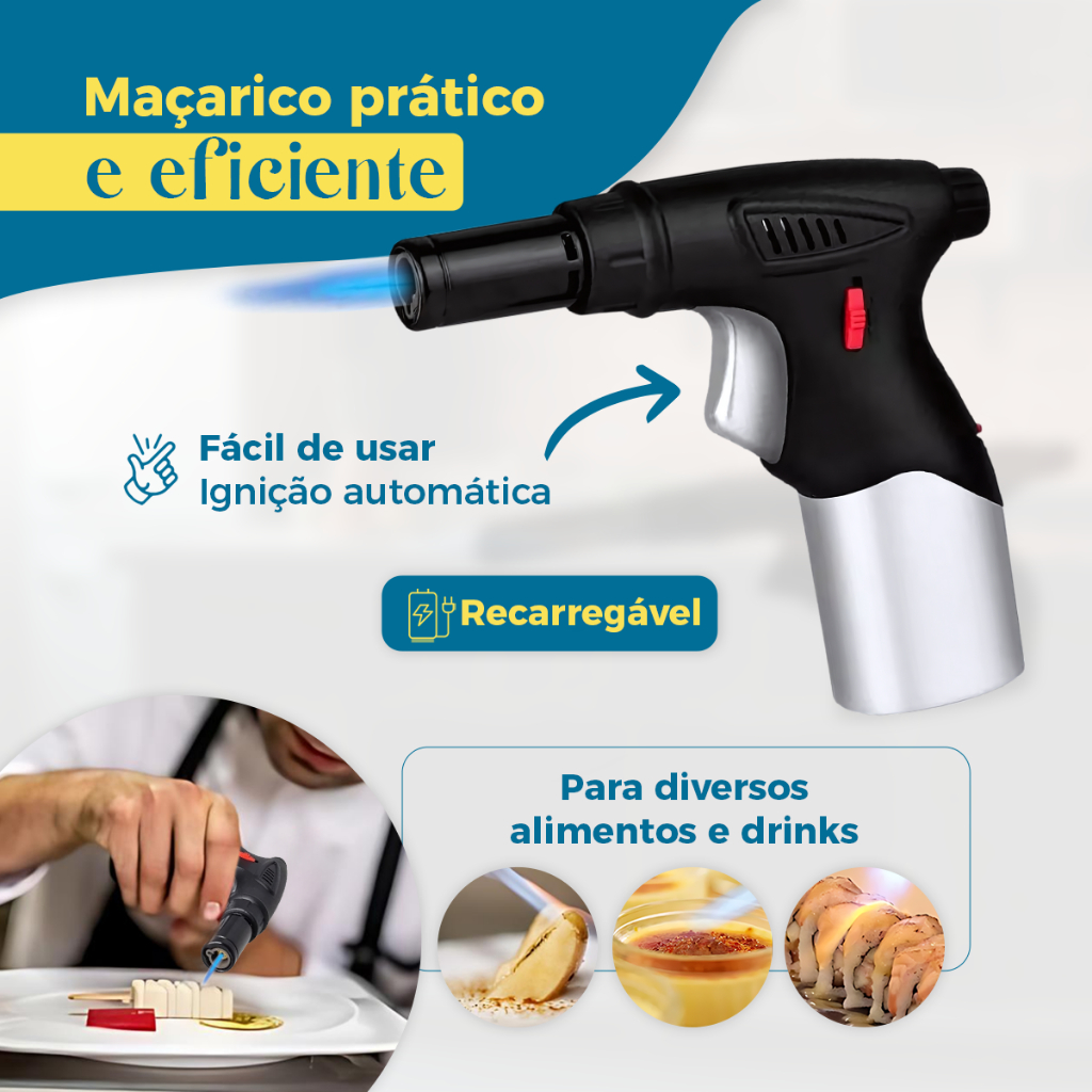 Maçarico Isqueiro Chama Alta Portátil 1300° Cozinha Carvão top com ...