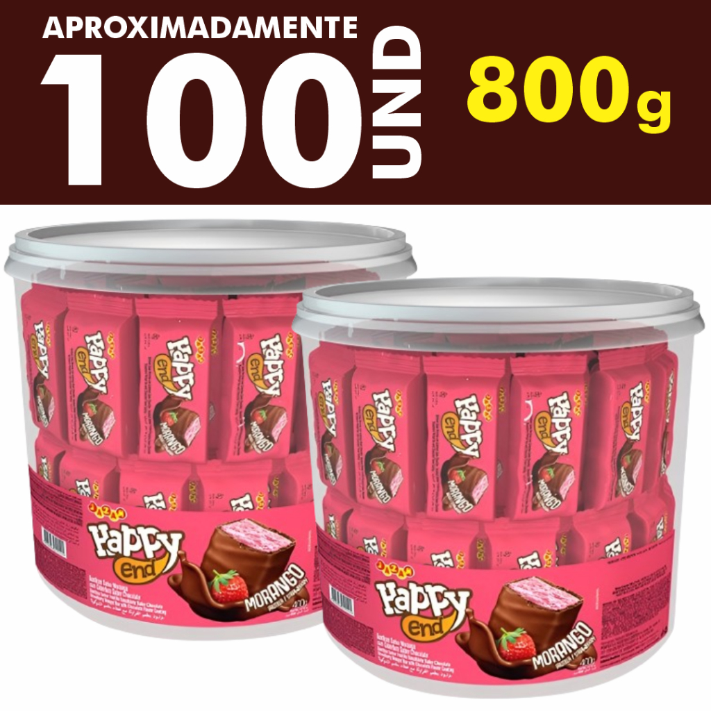100 Bombom Happy End Chocolate e Morango Pote 800g - Sem Glúten - Jazam | Shopee Brasil