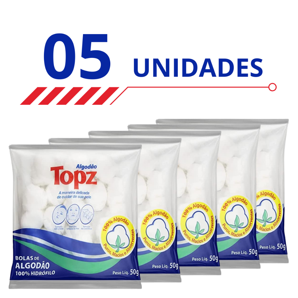 Kit 5 Algodão Topz em Bolas Hidrófilos Puros Macios e Absorventes 50g ...