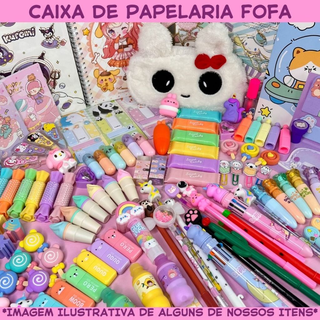 Kit Papelaria Fofa Kawaii caixa com 15 Itens Presente Criativo canetas ...