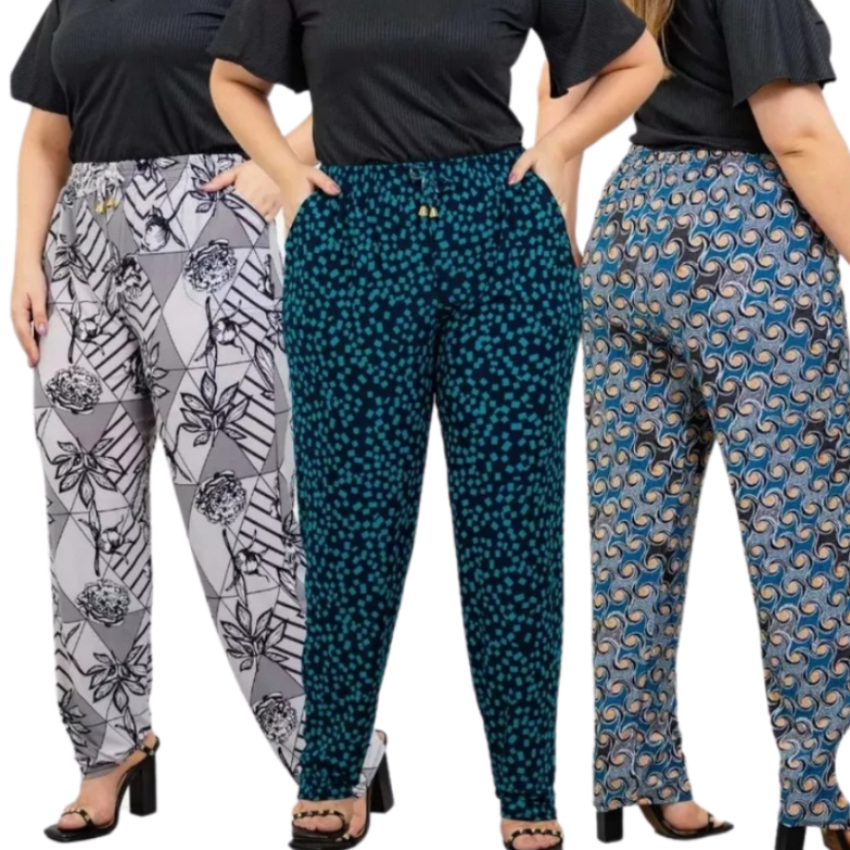 Kit 4 Calça Feminina Estampada Soltinhas Confortáveis Senhoras Plus ...