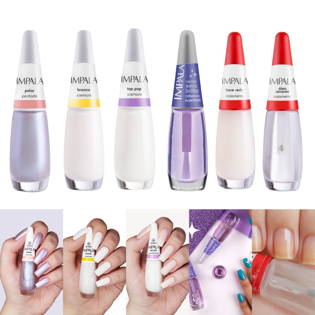 Impala Kit Esmalte Brancos Extra Brilho Base Seda Secante Kit Manicure ...