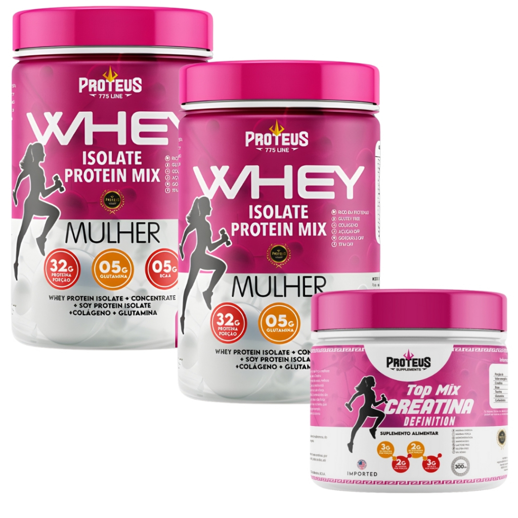 Kit Christine Whey Mulher Isolado 32g pote 1Kg + Creatina TopMix 300g ...