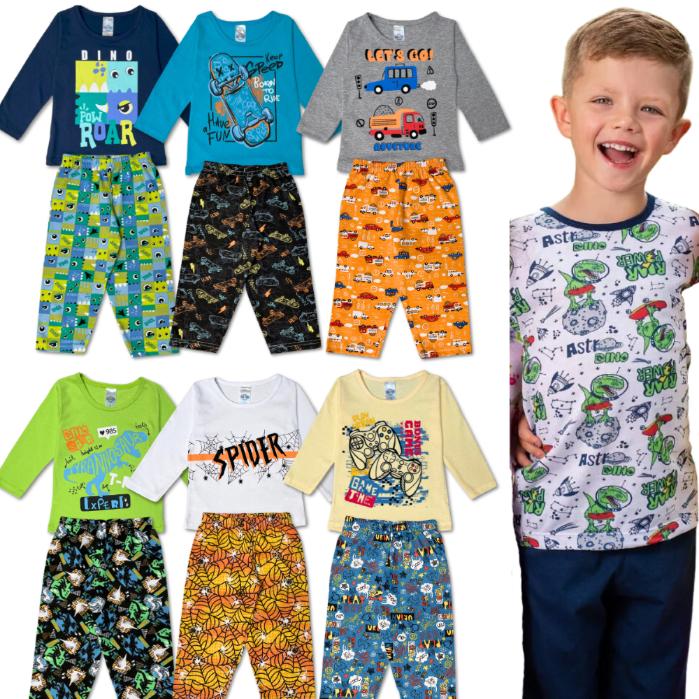Kit Pijama Infantil Menino 4 Peças Conjunto Longo Comprido Masculino ...