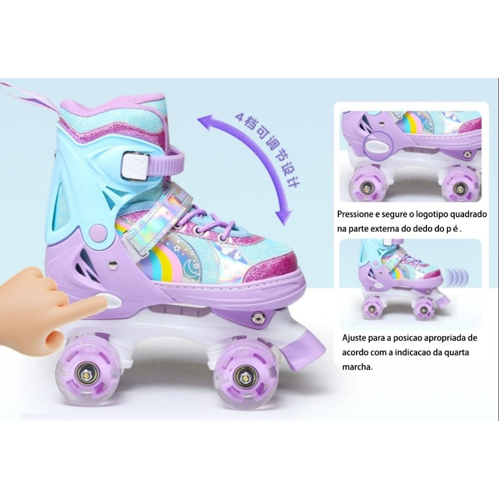 Patins Infantil 4 Rodas ARCO IRIS Várias Cores Com Luz De Led Top ...