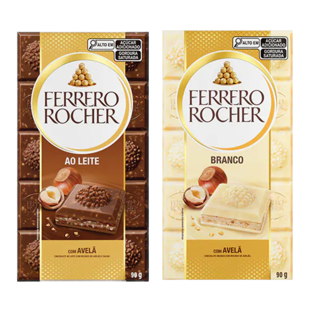Kit 2 Barras Chocolate Ferrero Rocher Com Avelã - Ao leite e Branco 90g ...
