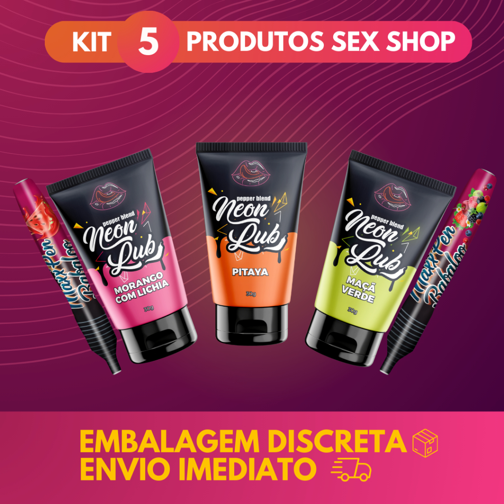 Kit Sex Shop 5 Produtos Eróticos Lubrificante Comestível Neon Bala Líquida Sexo Oral Anal