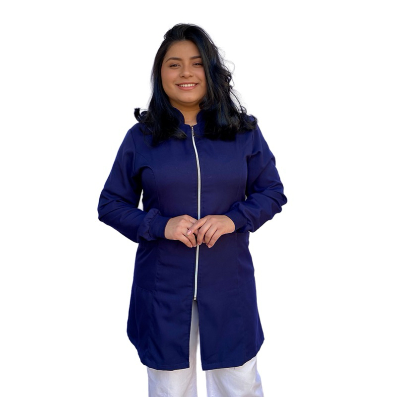 Jaleco feminino azul marinho gola padre acinturado gabardine com punho ...