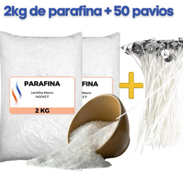 Parafina 2kg + 50 Pavios Parafinados 10cm Altura | Shopee Brasil