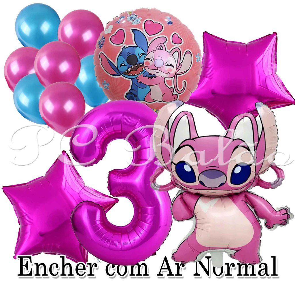 12 Balão Metalizado 2 LILO STITCH ANGEL + BEXIGA 4 PINK 3 AZUL 2 ...